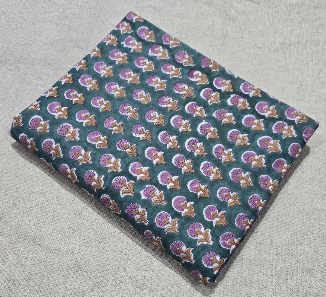 Hand Block Printed Cotton Fabric | Indian Green and Purple Floral Buti ...