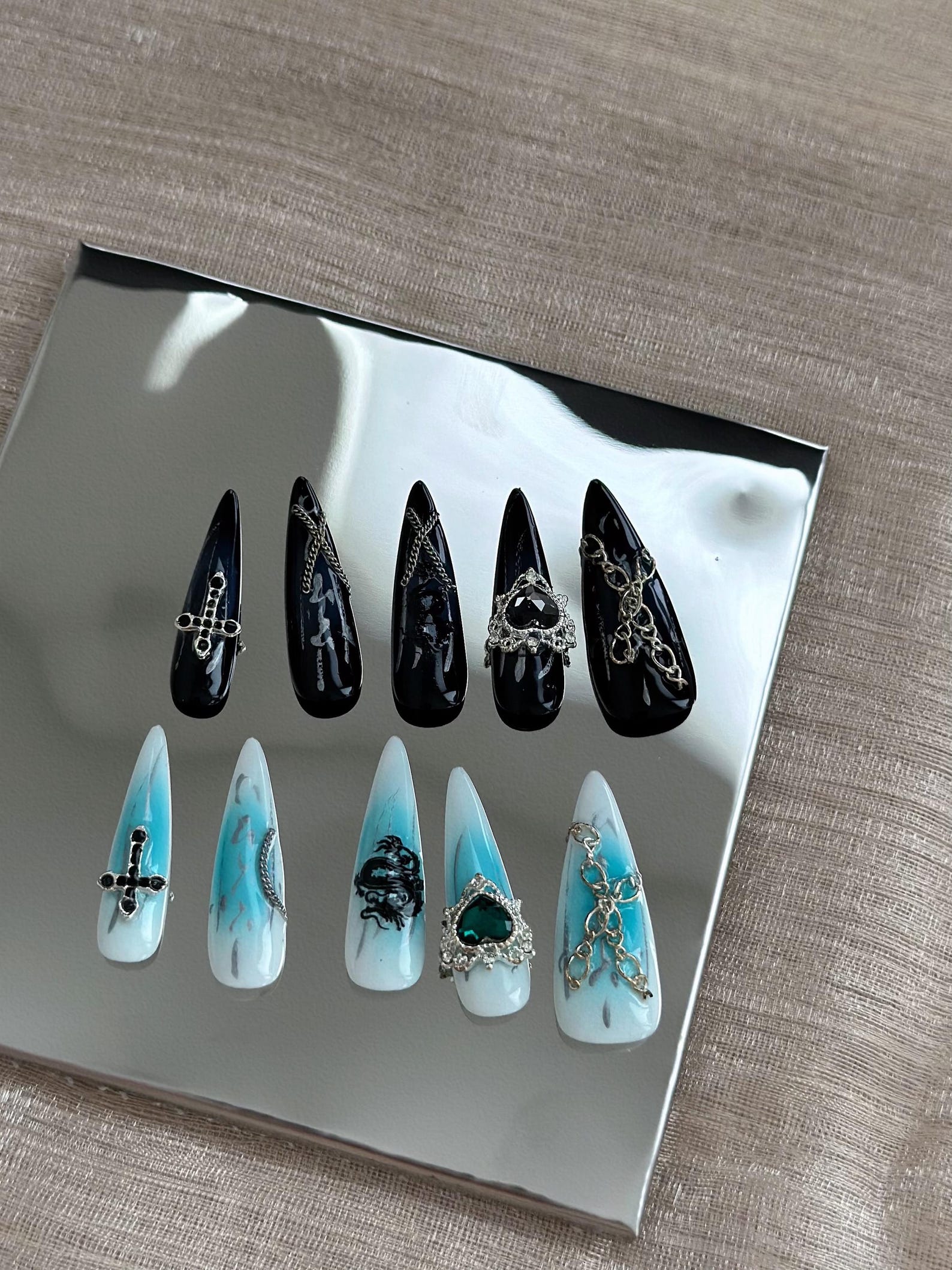 Y2k Duo Color Black and Blue Acrylic Press on Nails Long Stiletto Style ...