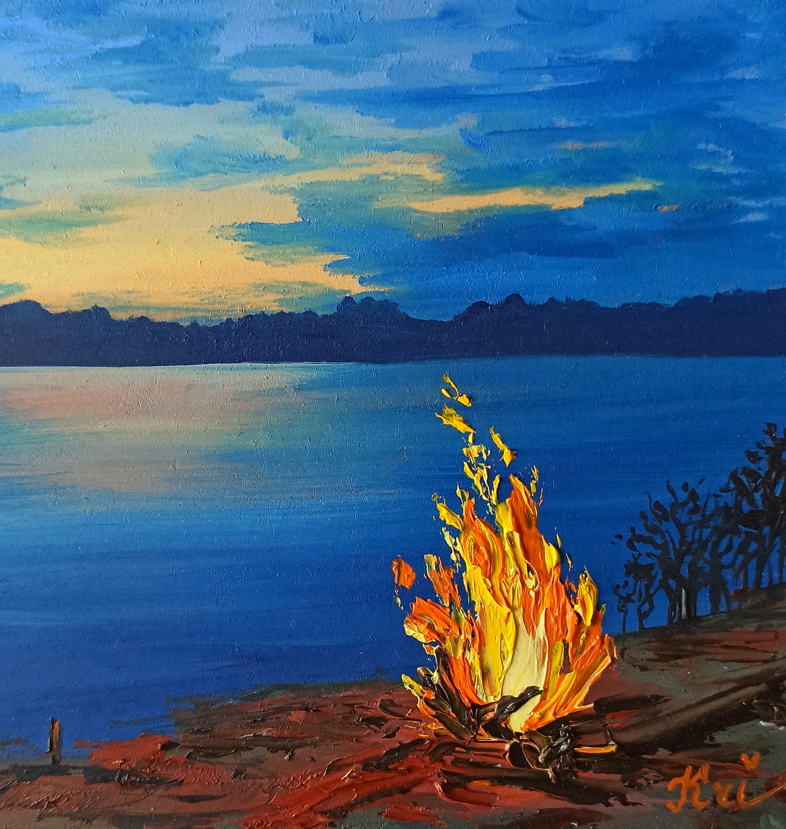 Campfire Painting Camping Artwork Impasto Forest Lake | Etsy