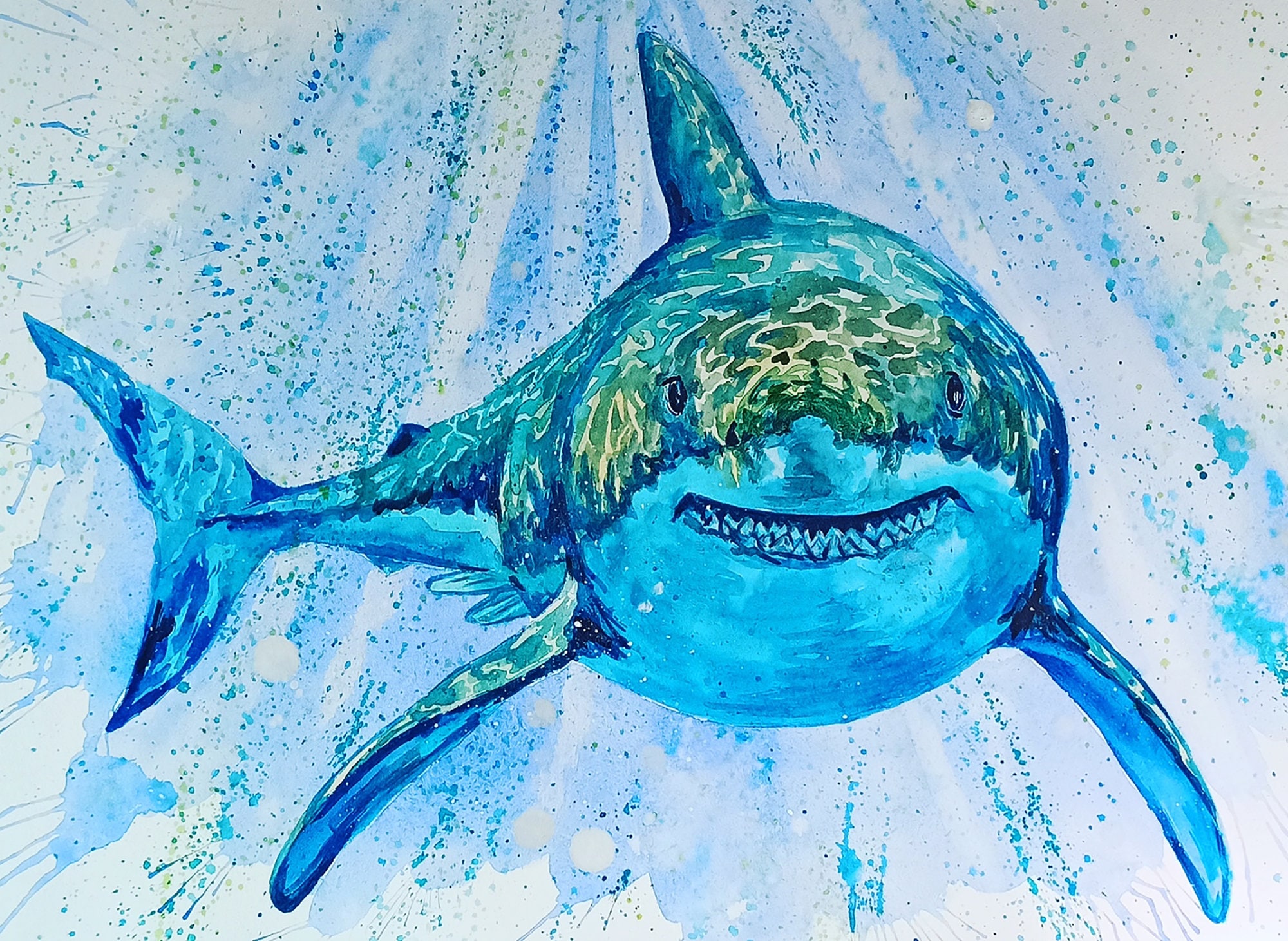 Shark Painting Original Art Shark Watercolor 12 by 16 Nautical | Etsy