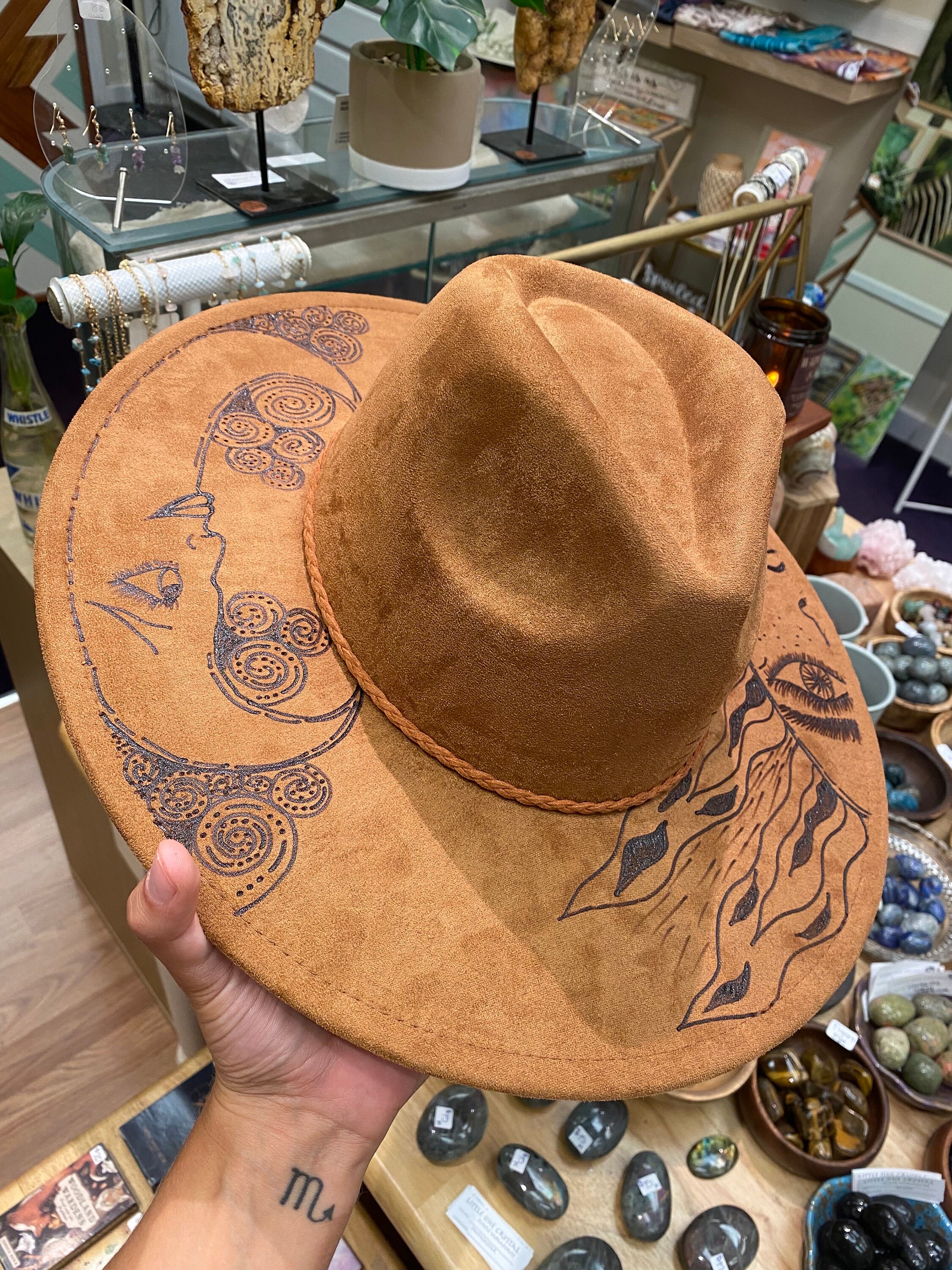 Hand Burned Suede Fedora Hat Sun and Moon Hat Boho Western - Etsy