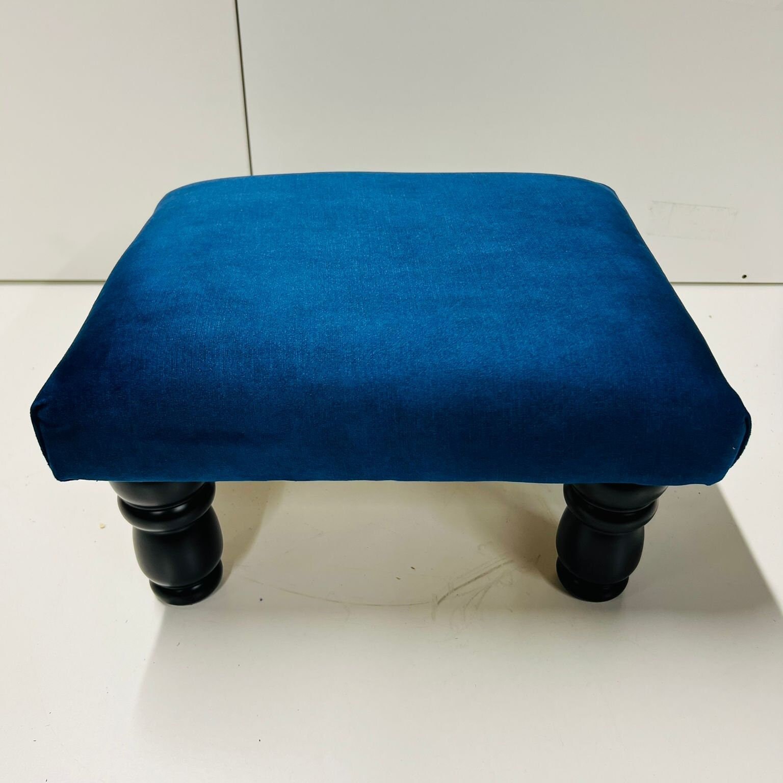 Luxurious Low Blue Velvet Footstool - Plush Velvet Footrest With Black ...