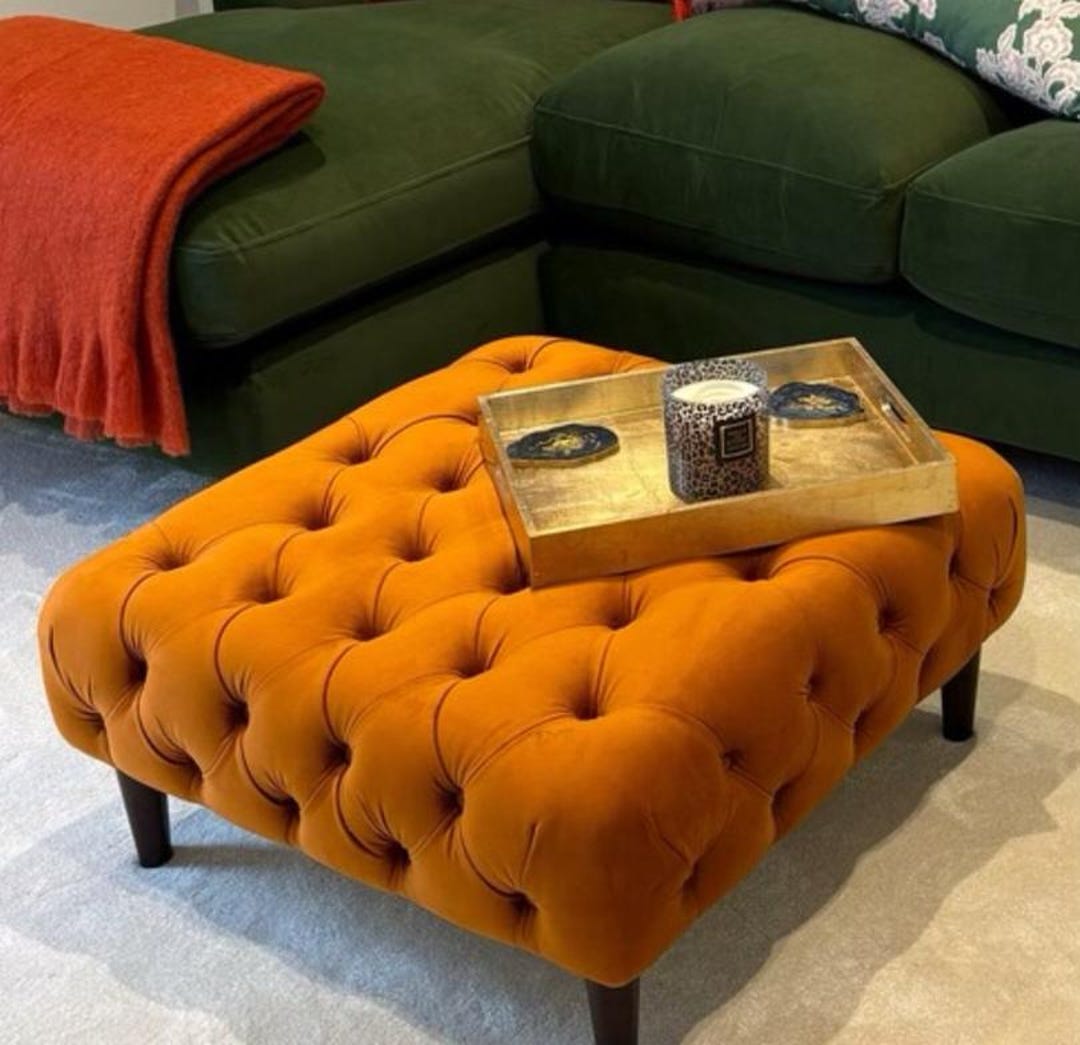 Chesterfield Plush Velvet Footstool - Tufted Ottoman With Black Wooden ...