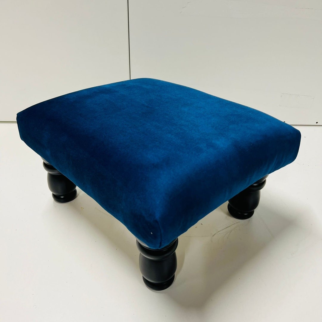 Luxurious Low Blue Velvet Footstool - Plush Velvet Footrest With Black ...