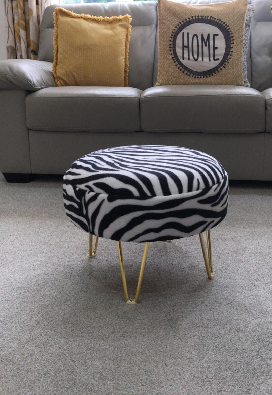 Wild Zebra Print Fabric Round Footstool Animal Print Pouffe With Golden ...