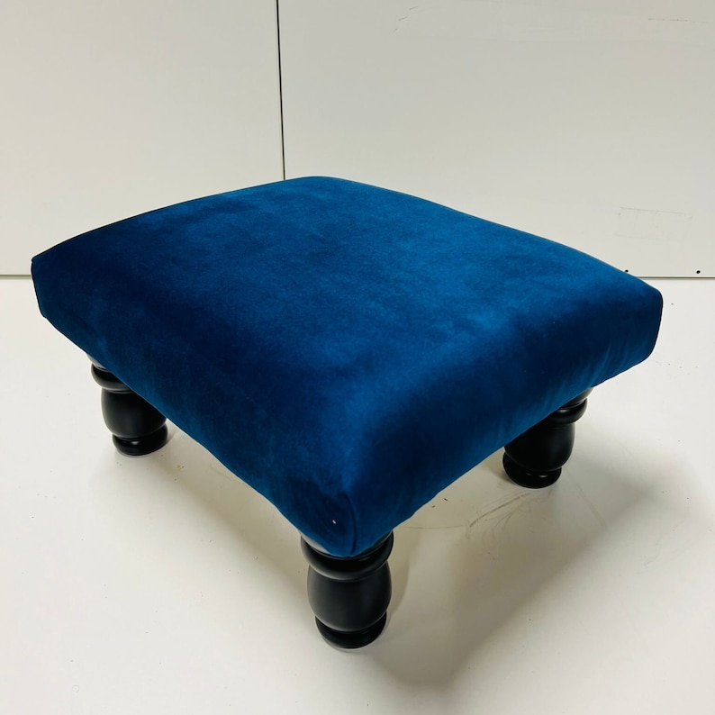 Luxurious Low Blue Velvet Footstool - Plush Velvet Footrest With Black ...