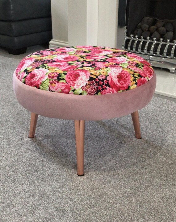 Round Pink Plush Velvet Floral Cotton Fabric Footstool Footrest With Rose Gold Legs Feminine Home Decor Coffee Table Under Desk Etsy UK