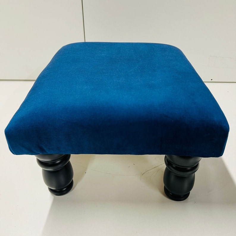 Luxurious Low Blue Velvet Footstool - Plush Velvet Footrest With Black ...