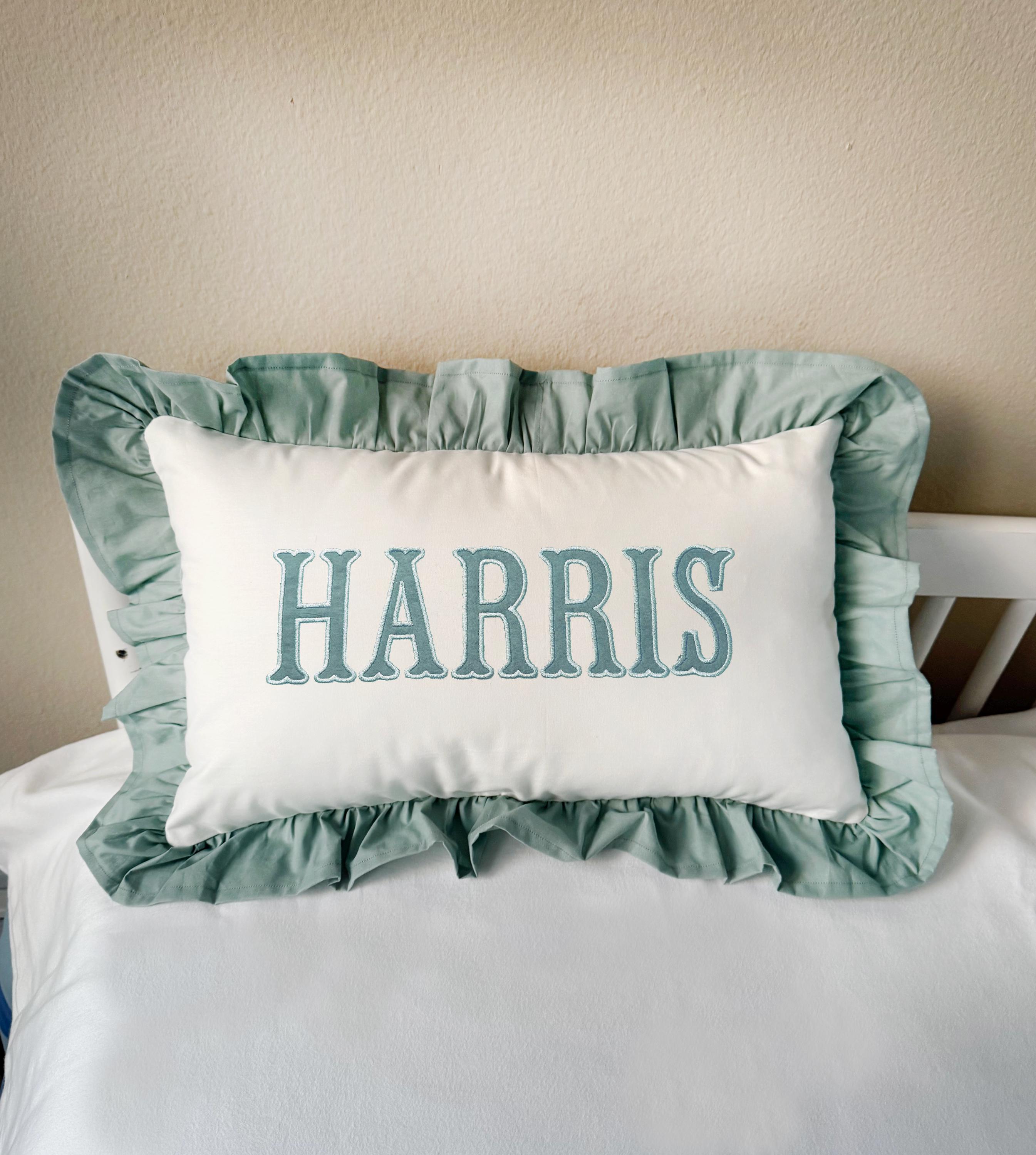 12x20 in Personalized Applique Name and Monogram Pillow Cover, Ruffled ...