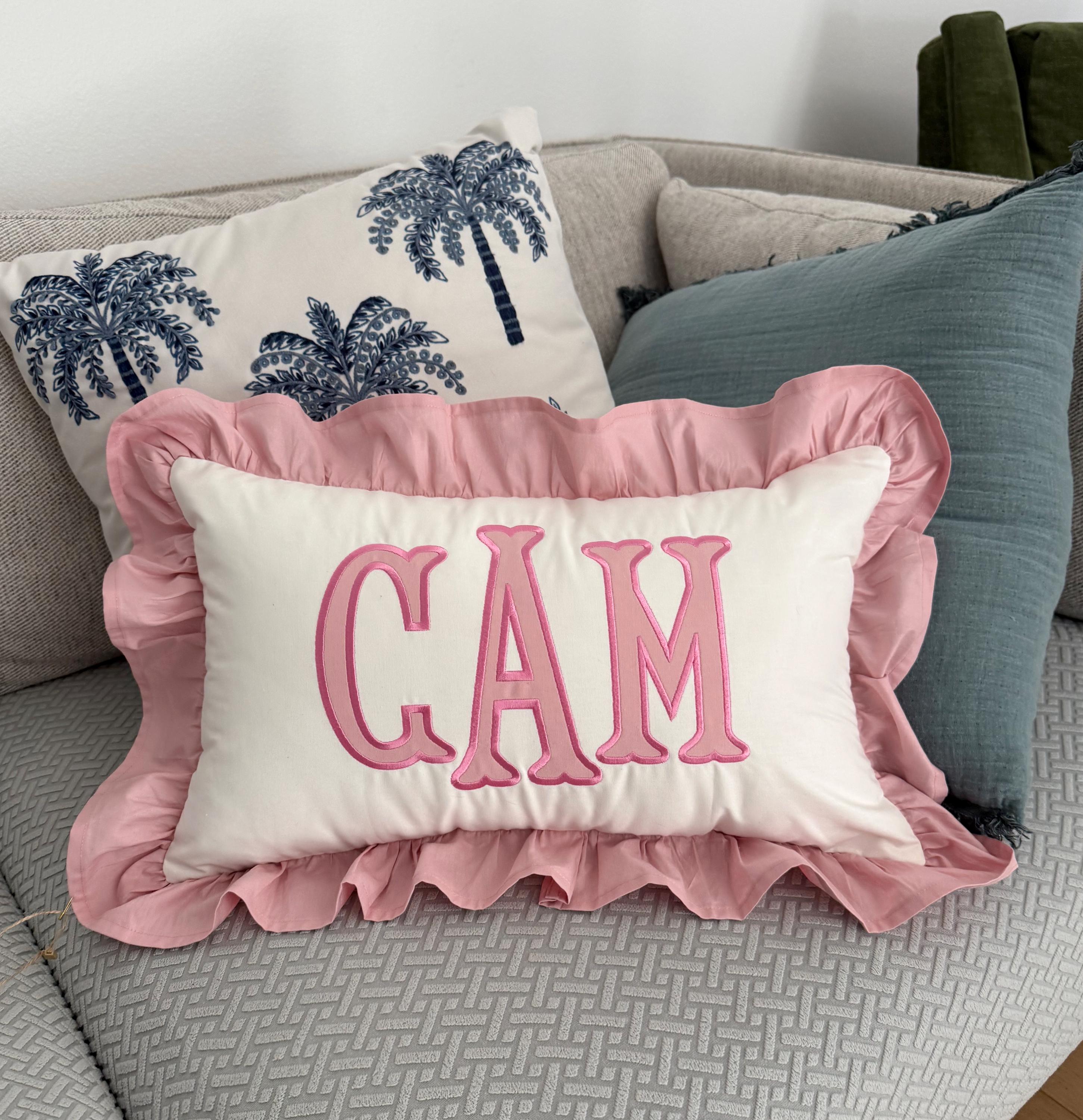 12x20 in Personalized Applique Name and Monogram Pillow Cover, Ruffled ...