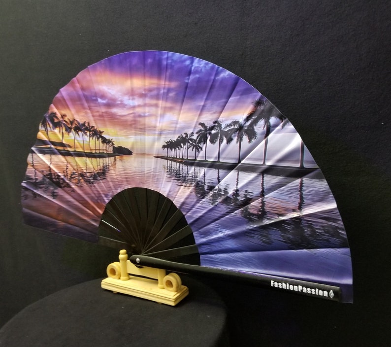 Sunset Paradise Hand Fan / Beach / Palm Trees / Tropical / Clacking Fan ...