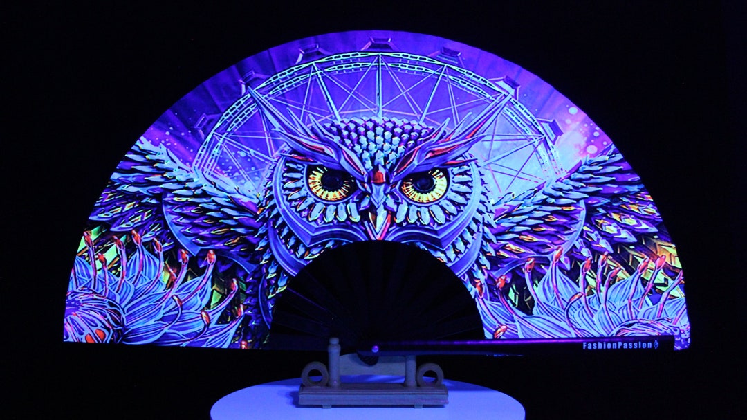 The Party Night Owl Hand Fan / UV Glow Fan / Rave Accessory / Festival ...