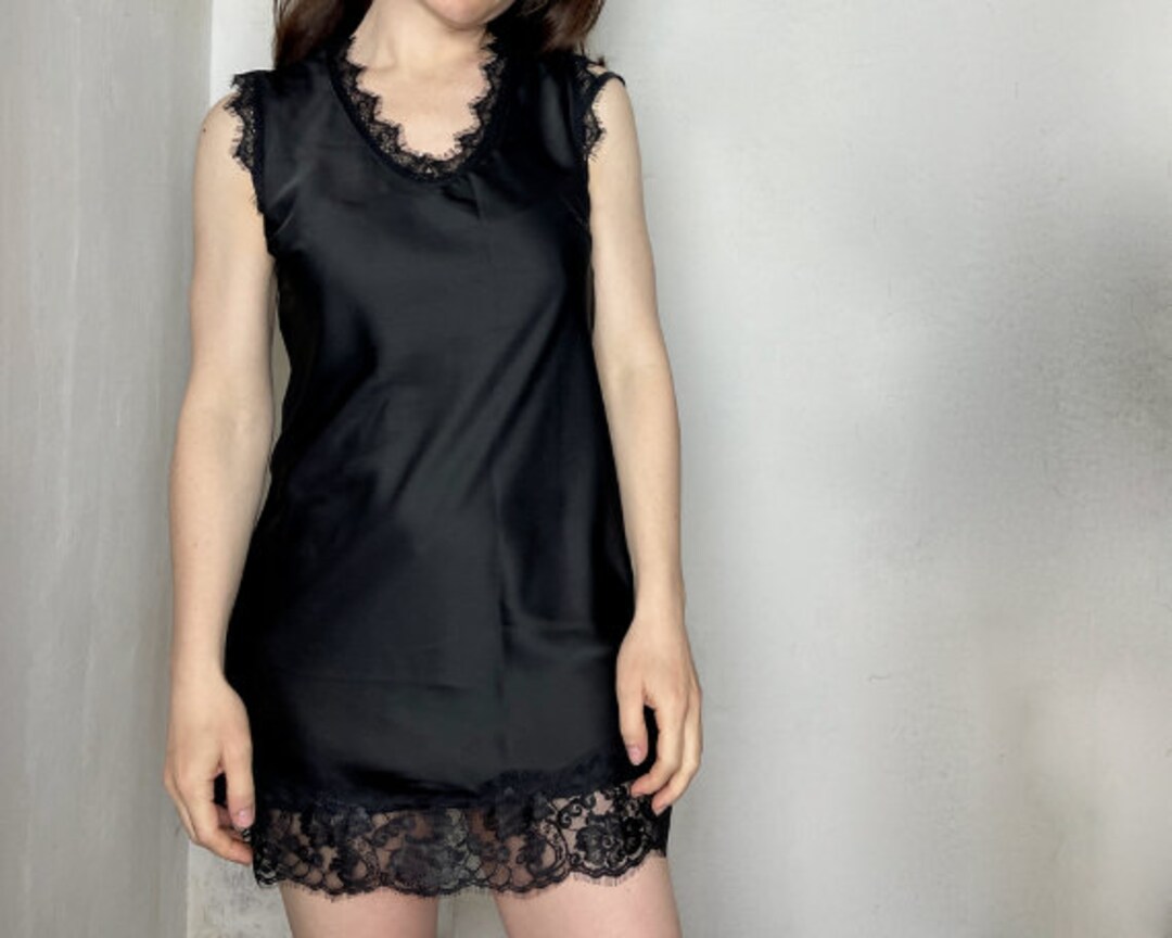 Black Satin Dress With Fine Lace, Goth Clothing, Grunge Fairycore ...