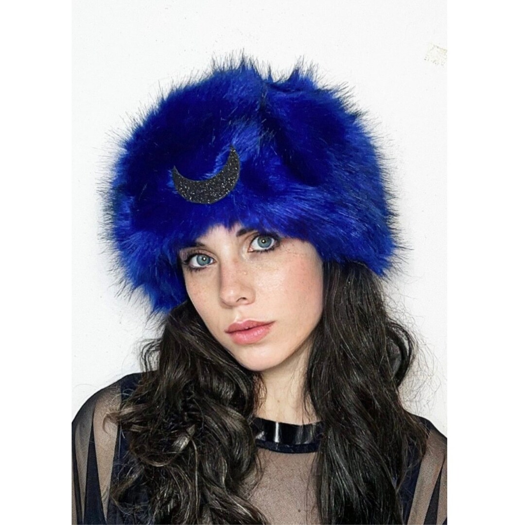 Blue Royal Faux Furry Hat With Glitter Crescent Moon Whimsigoth ...