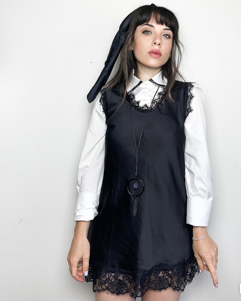 Black Satin Dress With Fine Lace, Goth Clothing, Grunge Fairycore ...
