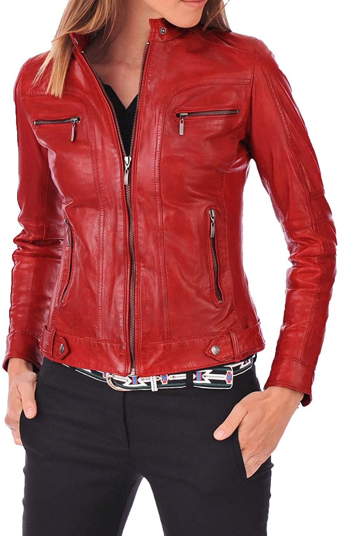 Women's Genuine Lambskin Leather Jacket Motorcycle Slim Fit Red Biker Jacket - Etsy