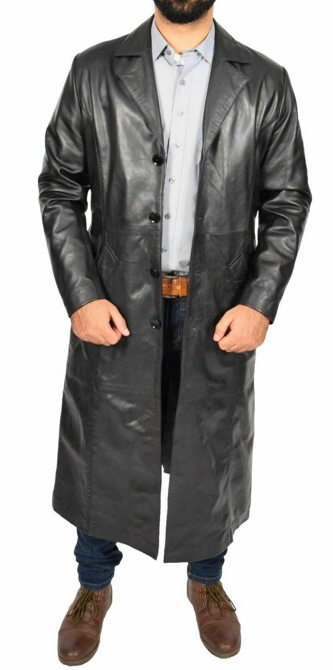 URBAN NEW Men Genuine Lambskin Real Leather Trench Jacket Black Button ...