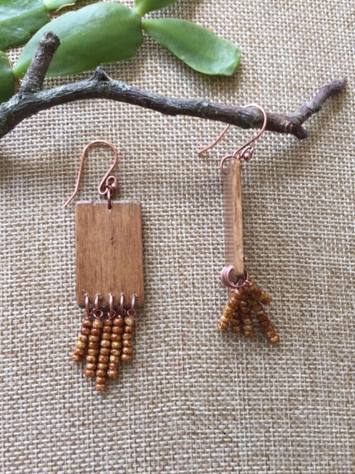 Bass Wood, Copper Wire, Czech Seed Beads, Hand Sawn, Walnut Stain ...
