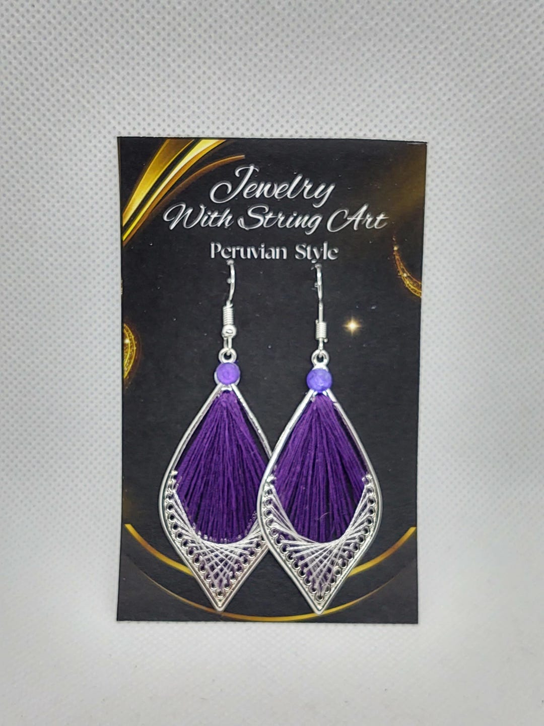 String Art Pierced Dangle Earrings Purple and Silver Peruvian Style ...