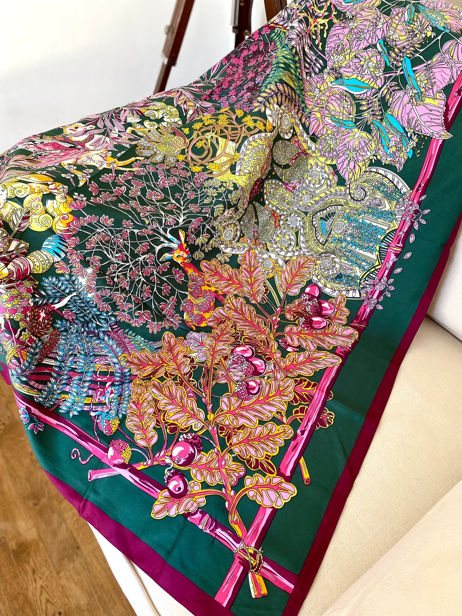 Bohemian Silk Scarf with Tropical Flowers and Striking Unicorn Print ...