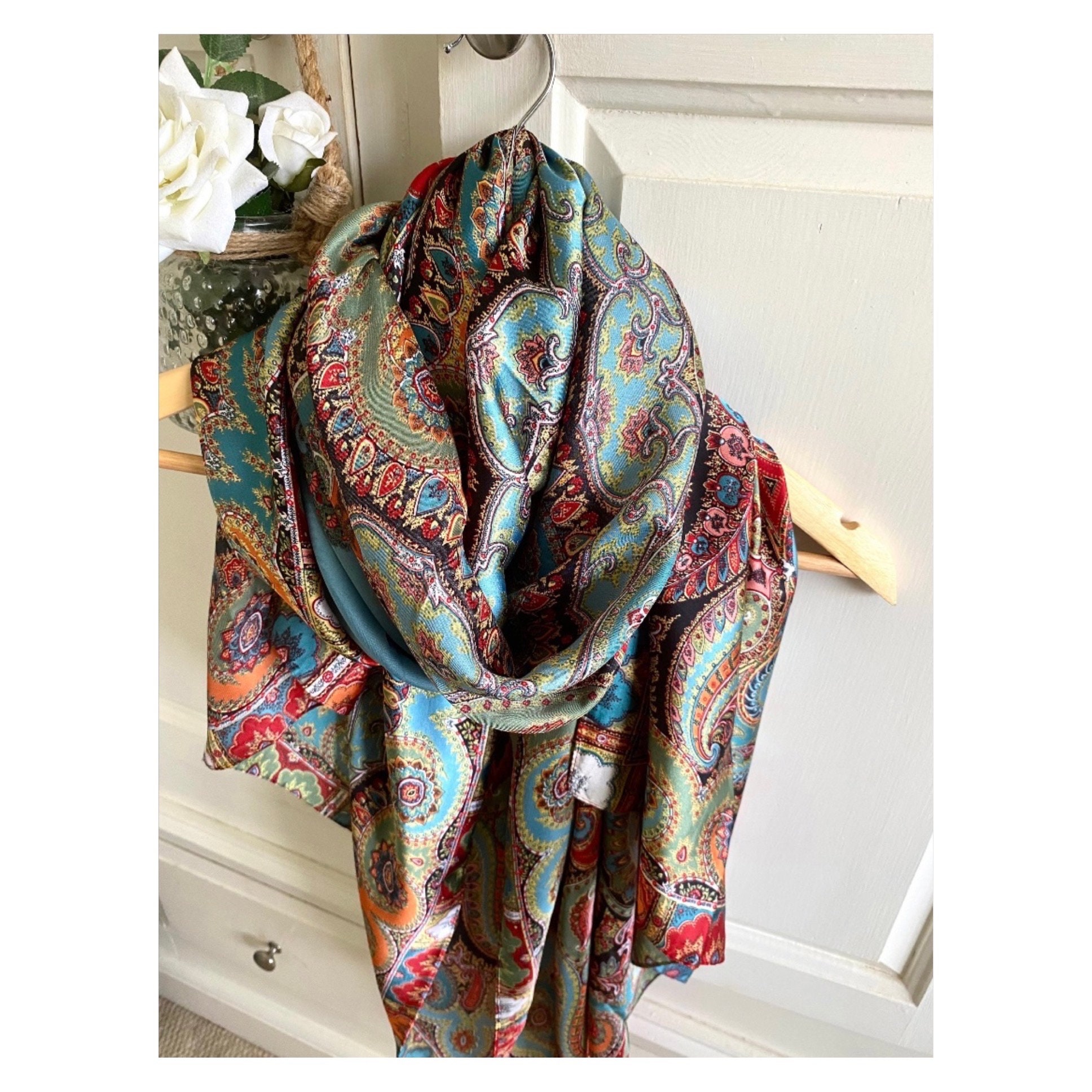 Large Moroccan Style Silk Scarf Turquoise Paisley Scarf Silk Neck Scarf ...
