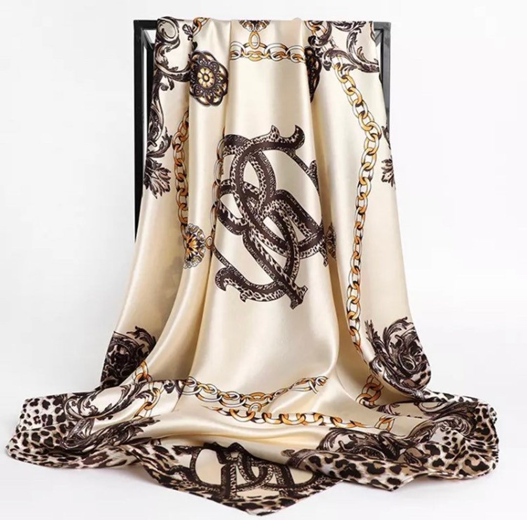 Gold Chain Print Satin Neck Scarf Satin Head Scarf Square Silk Scarf ...