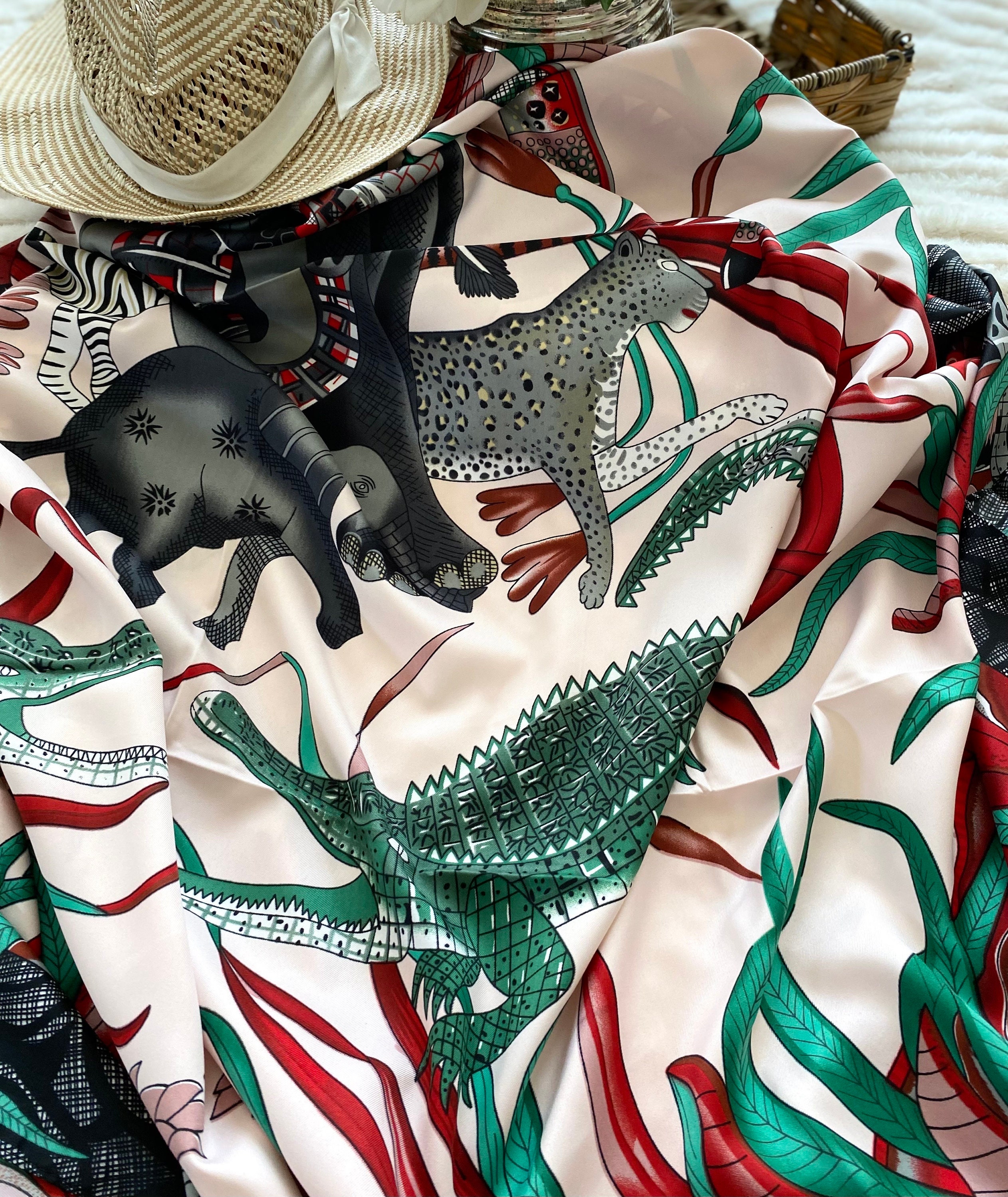 Safari Animals Print Silk Scarf Crocodile and Elephant Silk Scarf 130 X ...