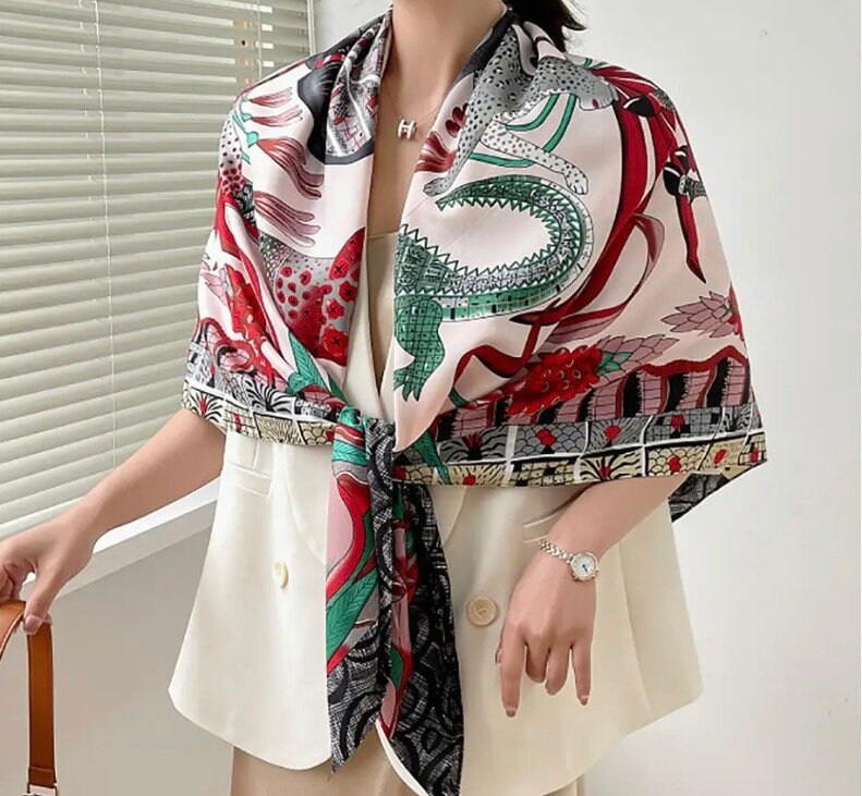 Safari Animals Print Silk Scarf Crocodile and Elephant Silk Scarf 130 X ...