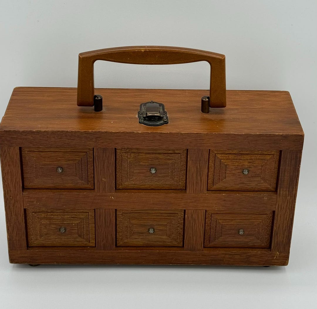 Vintage Wooden Box Handbag With Drawer Detail and Velvet Lining - Retro ...