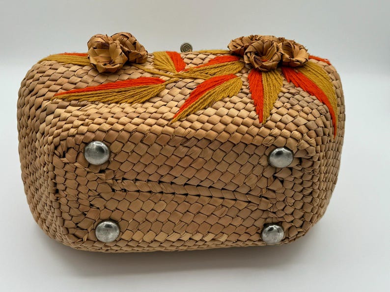 Vintage Woven Straw Handbag With Floral Embroidery - Retro Boho Chic ...