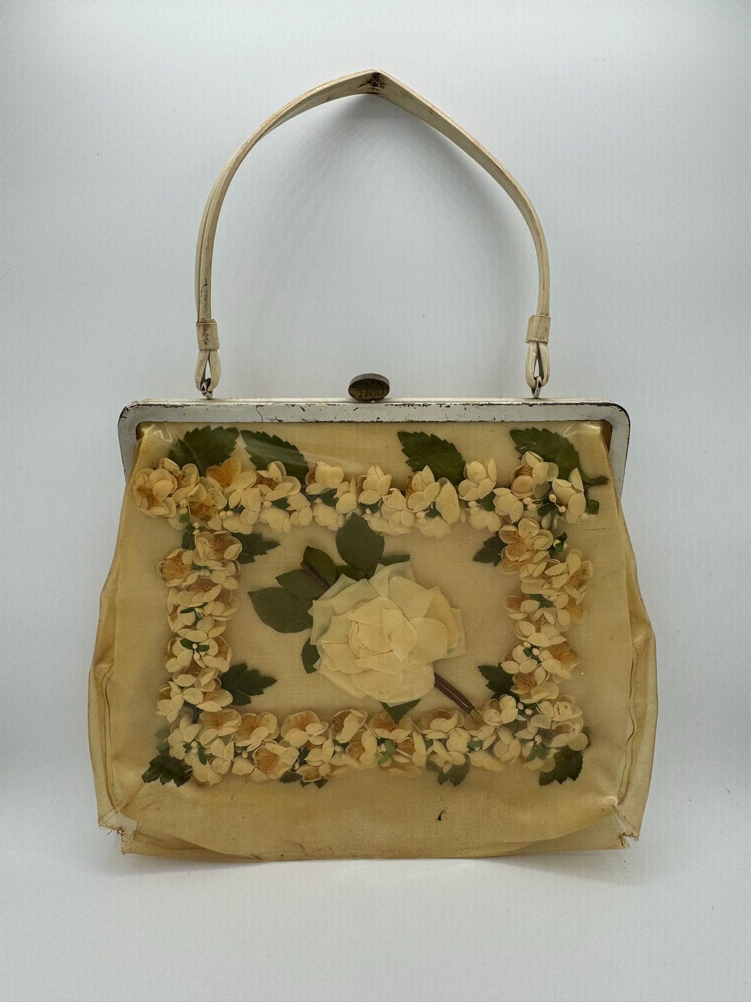 Vintage Floral Metal Frame Bag With Cream Fabric Flowers - Etsy