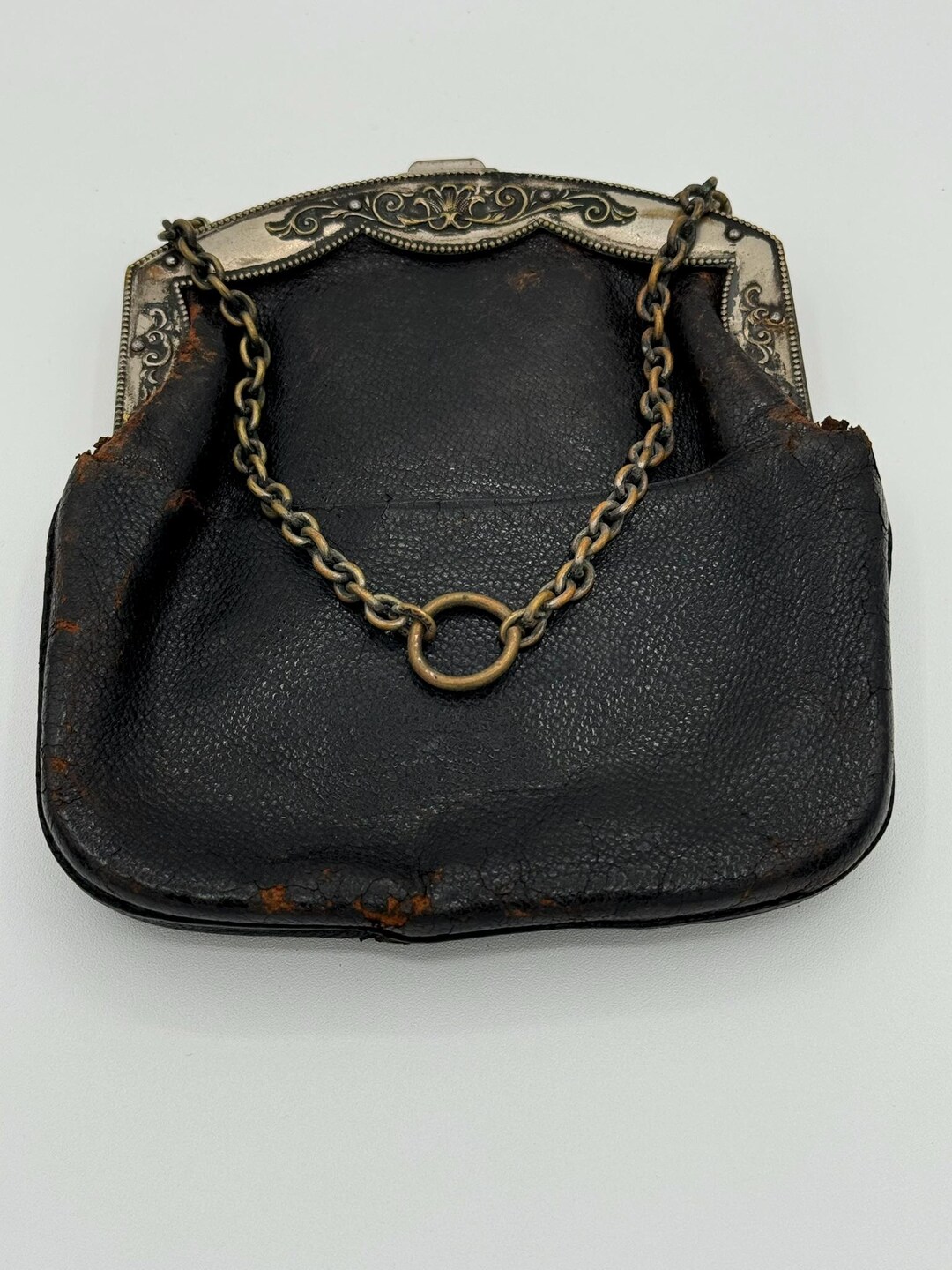 Antique Leather Coin Purse With Ornate Metal Frame - Vintage Chain ...