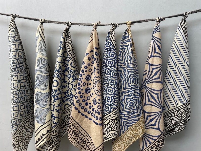 Set of 8 Hand Printed Bandana,neckkerchief,handkerchief,necktie Made ...