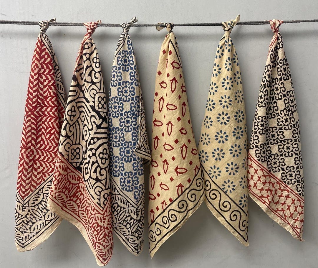 Hand Block Printed Cotton Bandana Set: Natural Dye Necktie Hankerchief ...