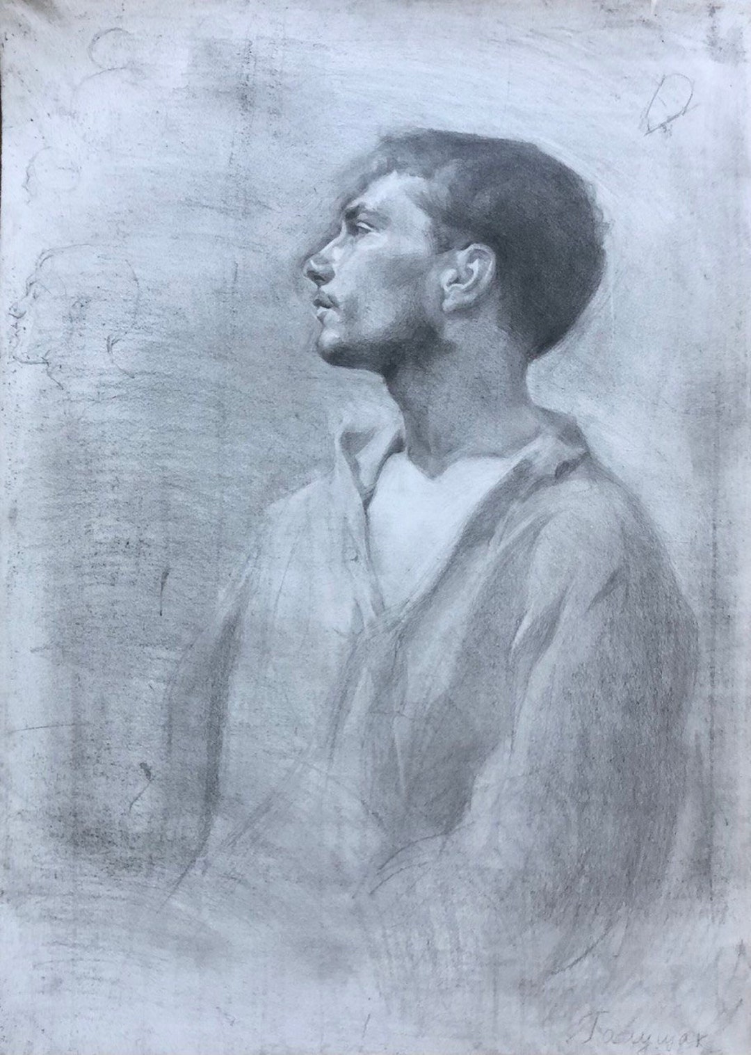 Male Head Pencil Portrait Original Drawing Academic Study Classic Art ...