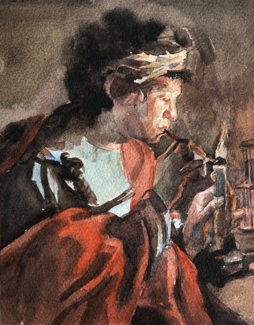 Boy With Pipe Watercolor Portrait Original Painting - Etsy