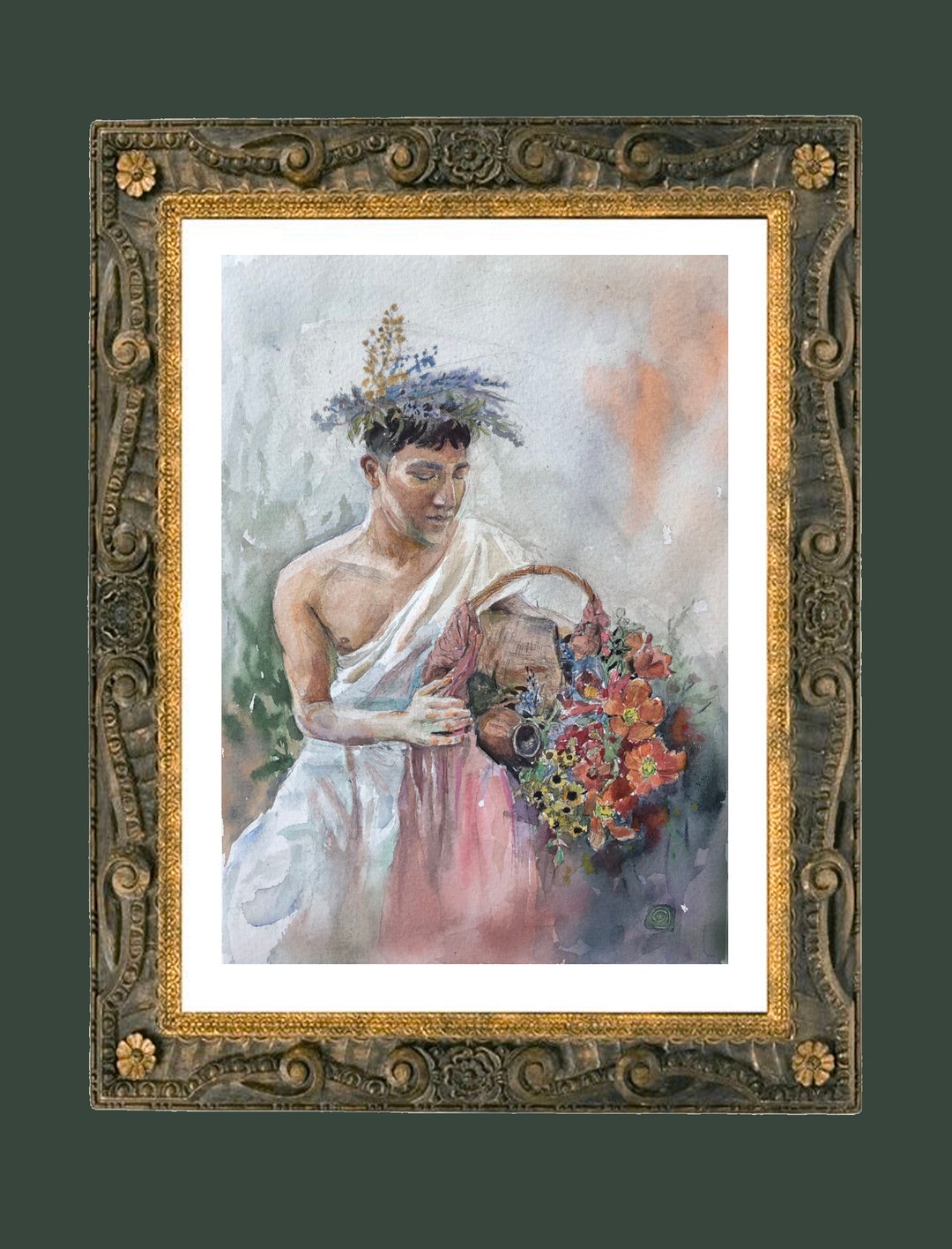 God Bacchus Watercolor Portrait Original Painting Vintage Home Decor ...