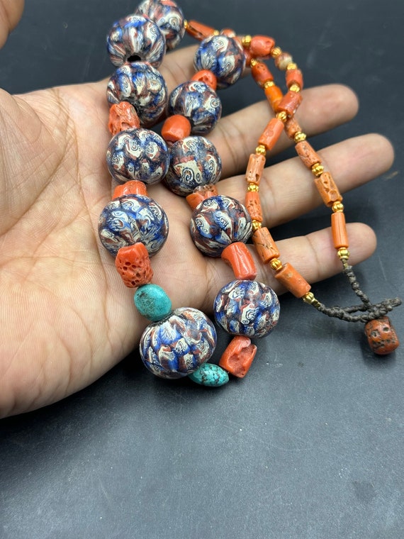 Rare old ancient gabri glass bead with natural coral … - Gem