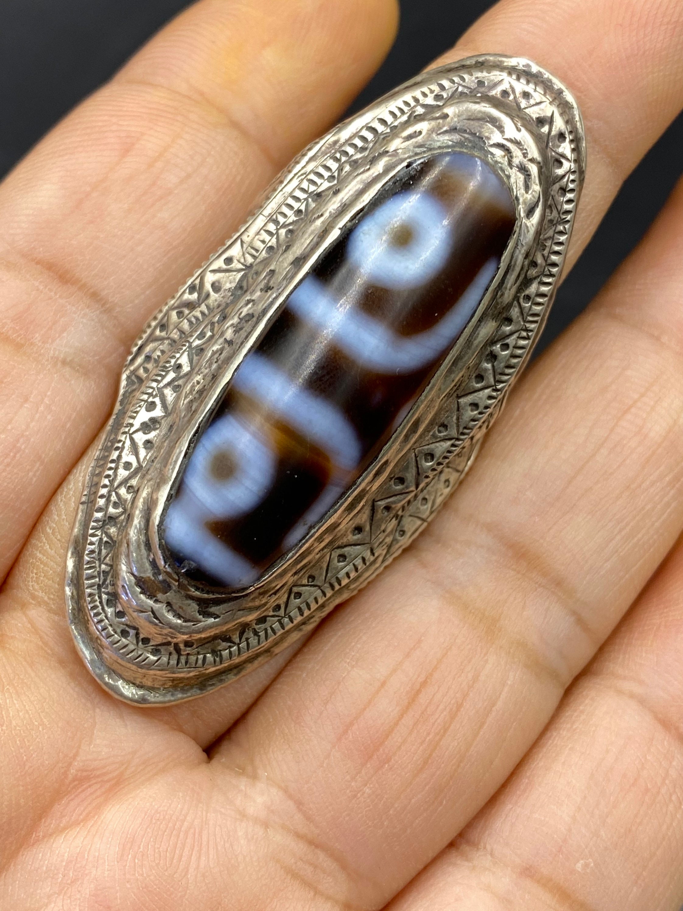 Unique Tibetan Dzi Ring Sterling Silver Natural Agate Tibetan | Etsy