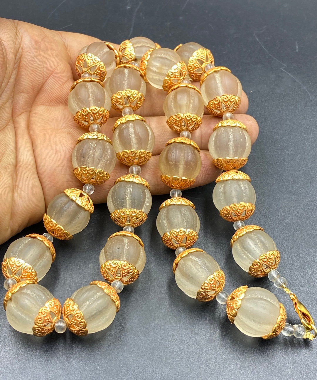 Very Beautiful Carved Crystal Quartz Bead With Gold Plated Necklace ...