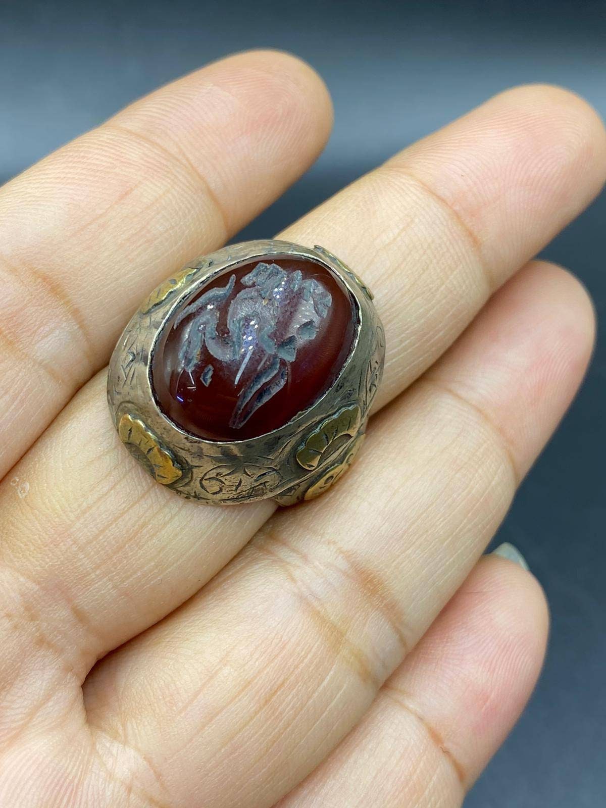 Beautifull engraved old dark agate with Sterling silver seal | Etsy
