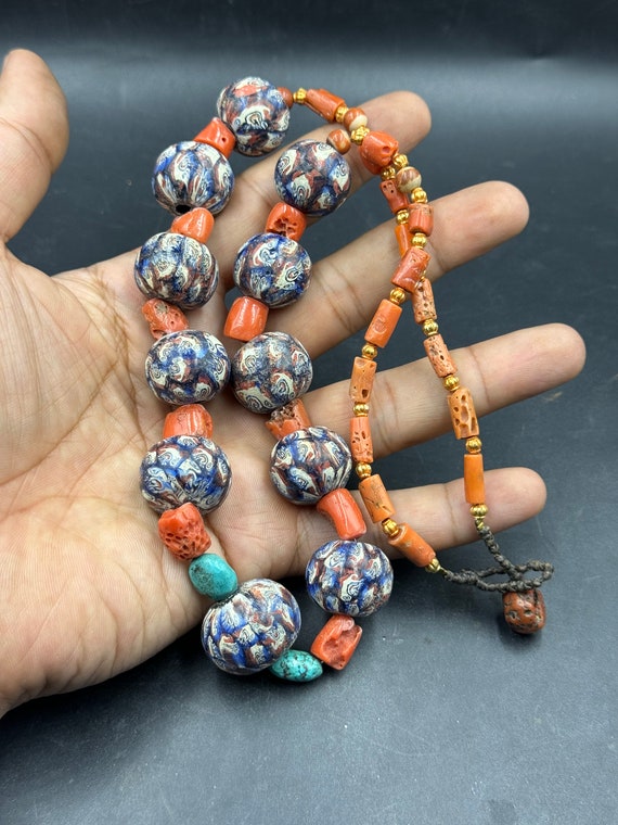 Rare old ancient gabri glass bead with natural coral … - Gem