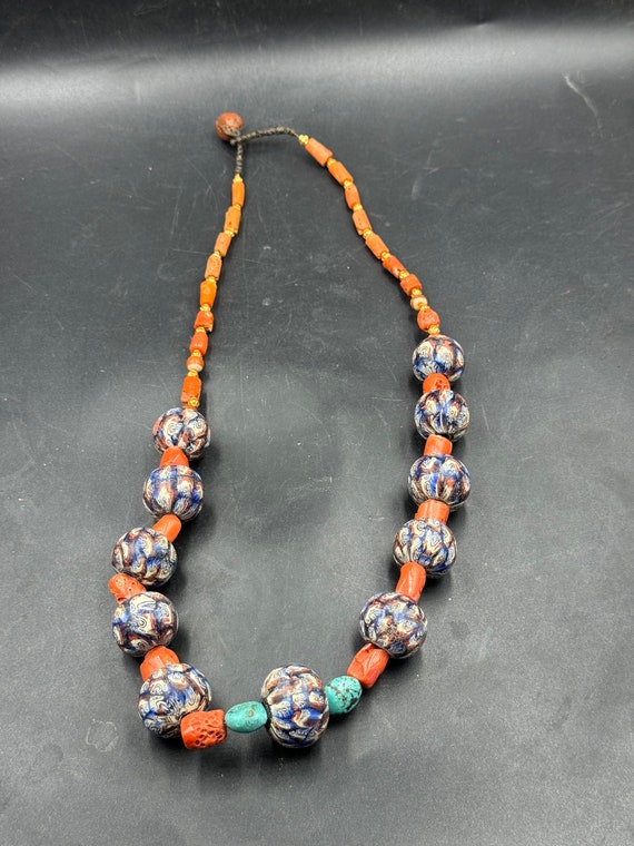 Rare old ancient gabri glass bead with natural coral … - Gem