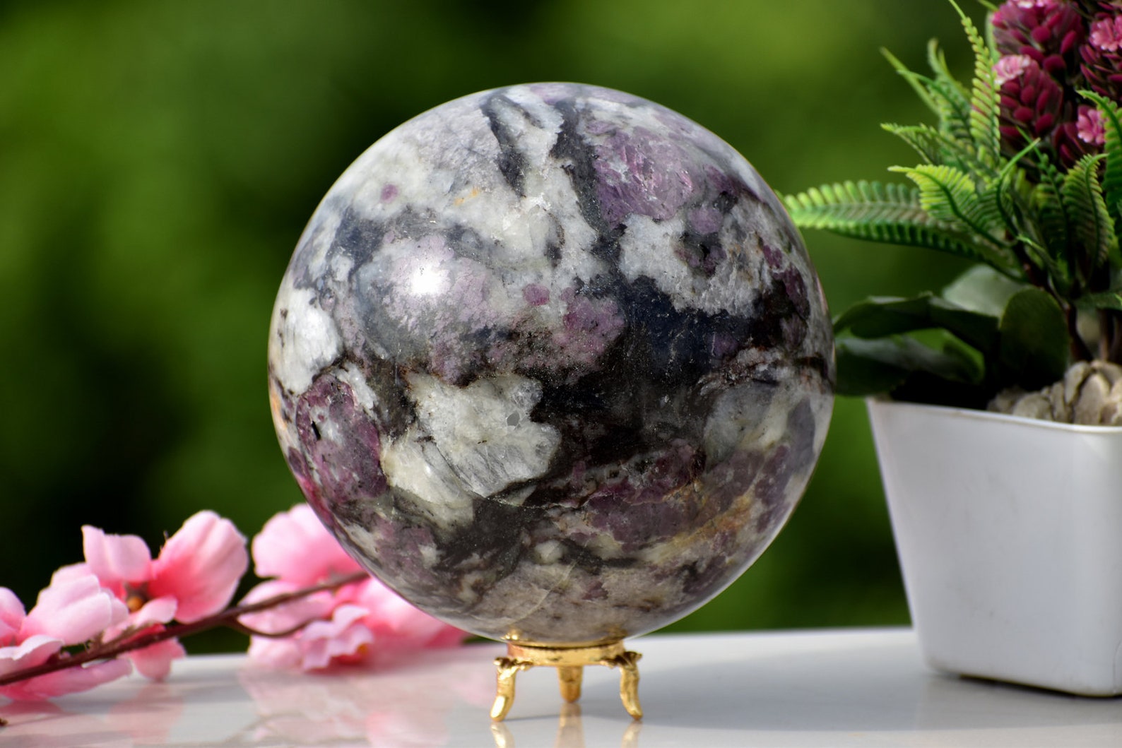Pink Ruby Corundum in Black Biotite Stone Sphere Huge Crystals Sphere ...