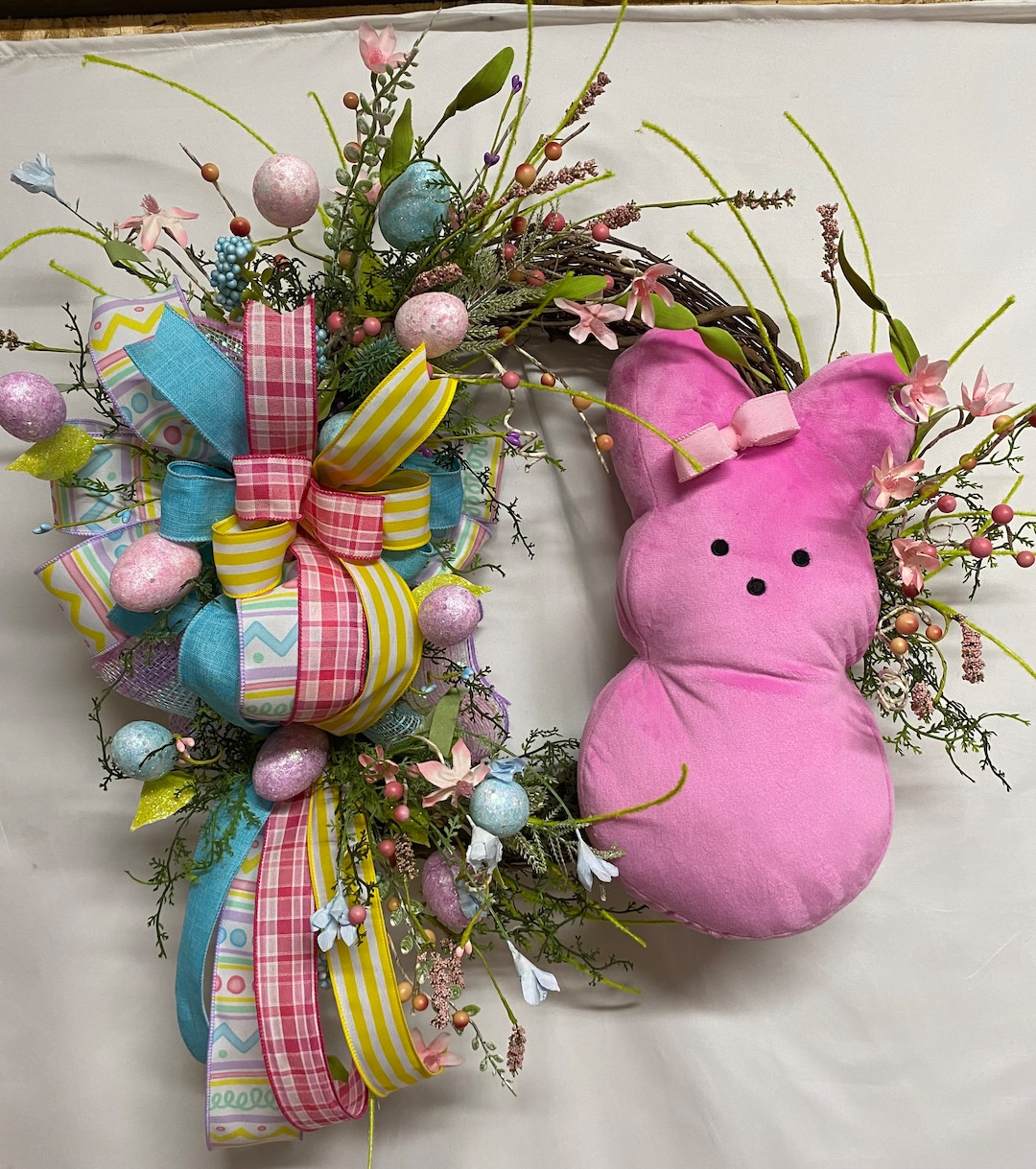 Pink Plush Easter Bunny Wreath, Plush Marshmallow Bunny Wreath, Bunny ...