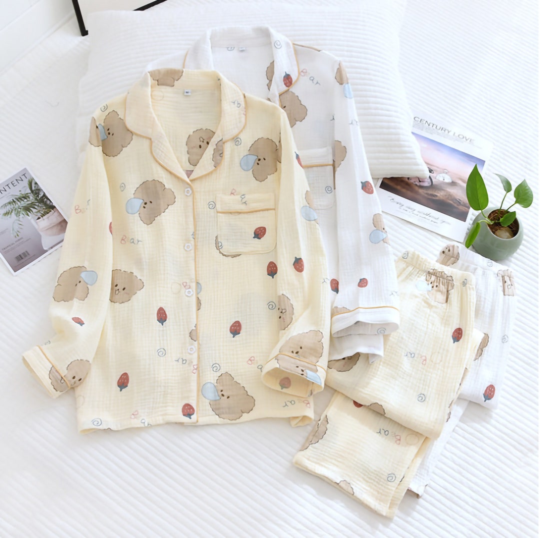 Pajama Set Woman Cotton Pajama Set Cute Pajama Bear Pattern - Etsy