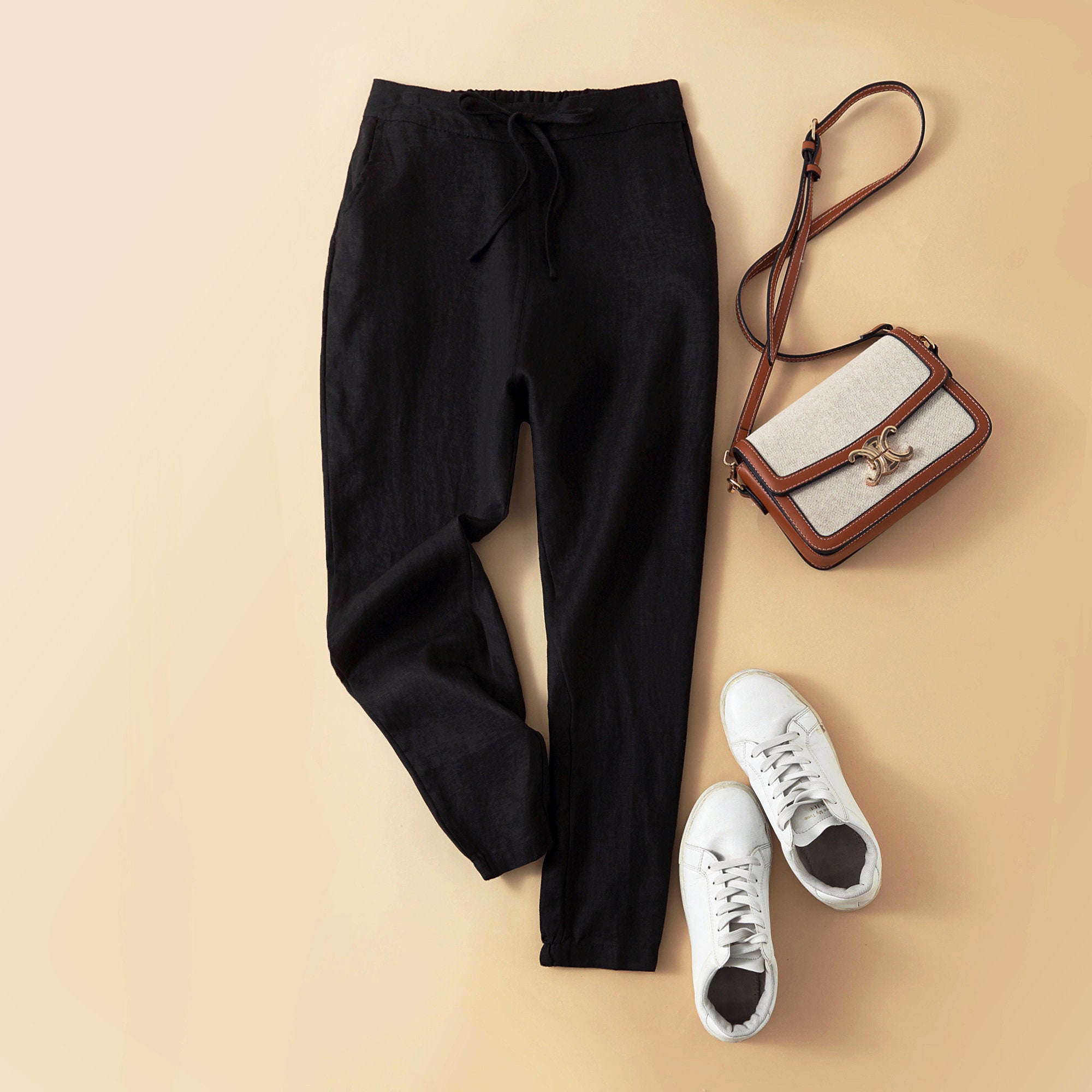 Women Linen Pants Elastic Drawstring Waist Straight Pants - Etsy