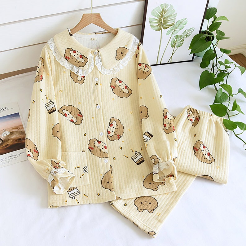 100% Cotton Cozy Pajama Set Cute Bear Print Thick Long Sleeve - Etsy