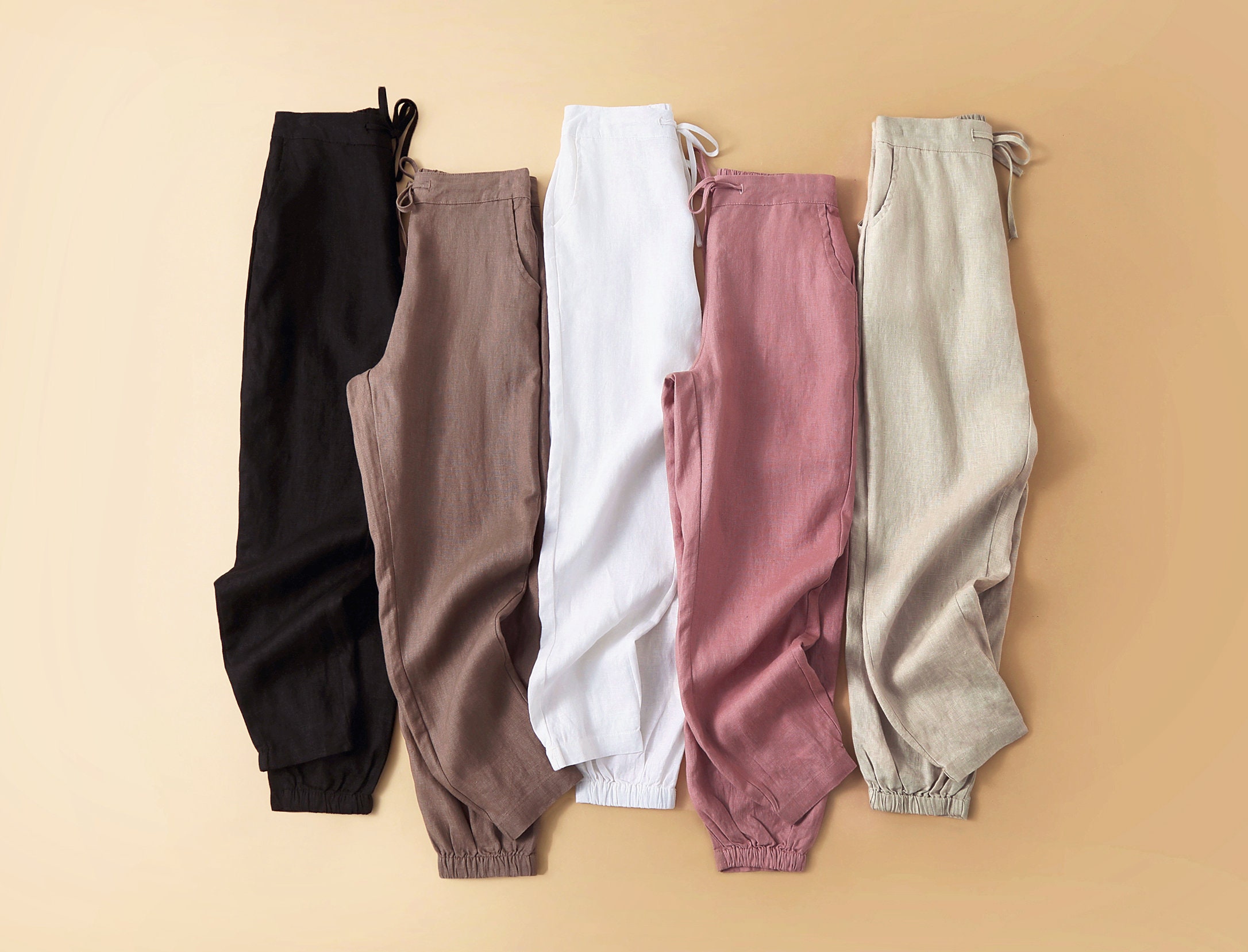 Women Linen Pants Elastic Drawstring Waist Straight Pants - Etsy