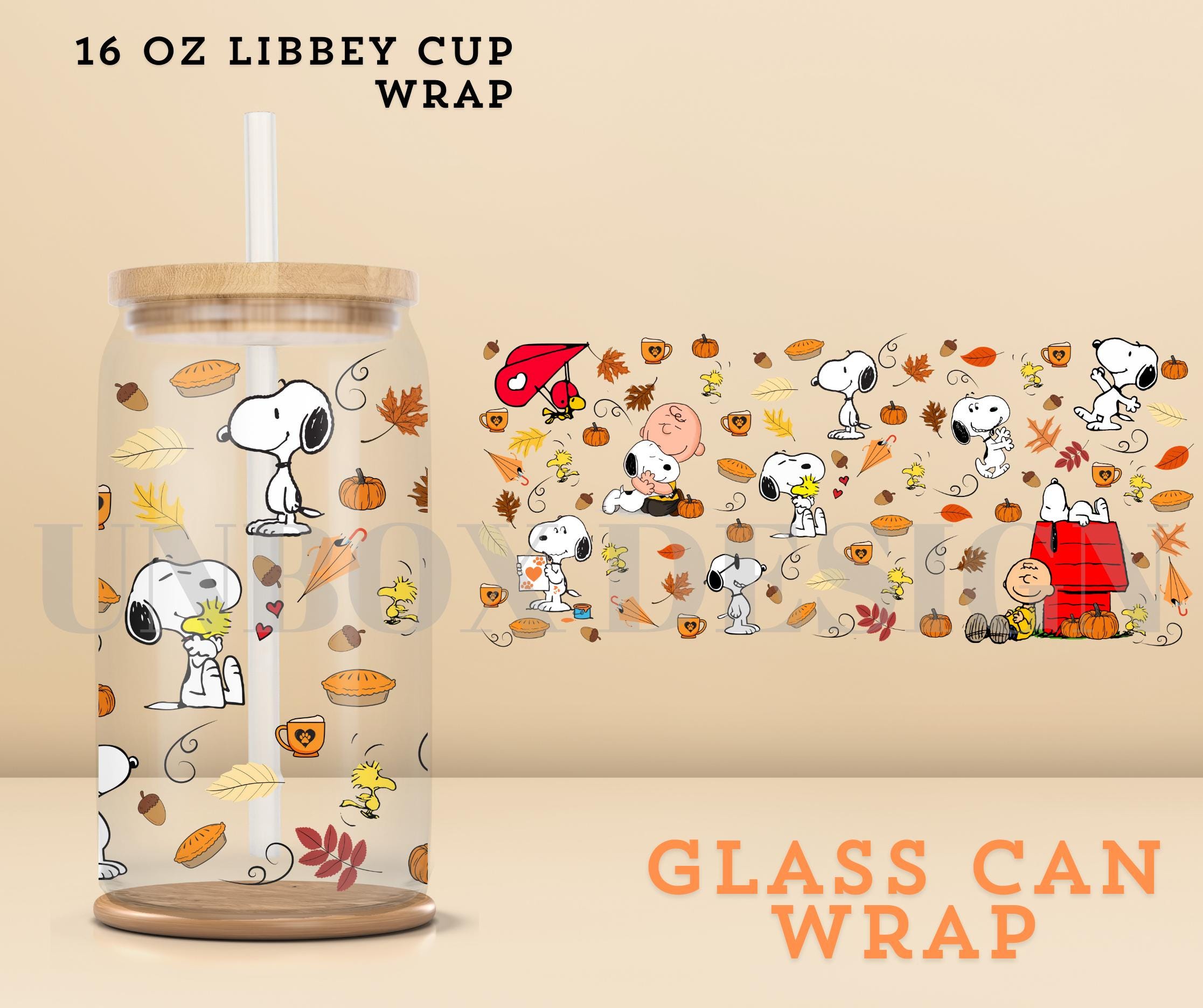 Snoopy Fall Season 16 Oz Glass Wrap, Peanuts Libbey Glass Can Wrap PNG ...